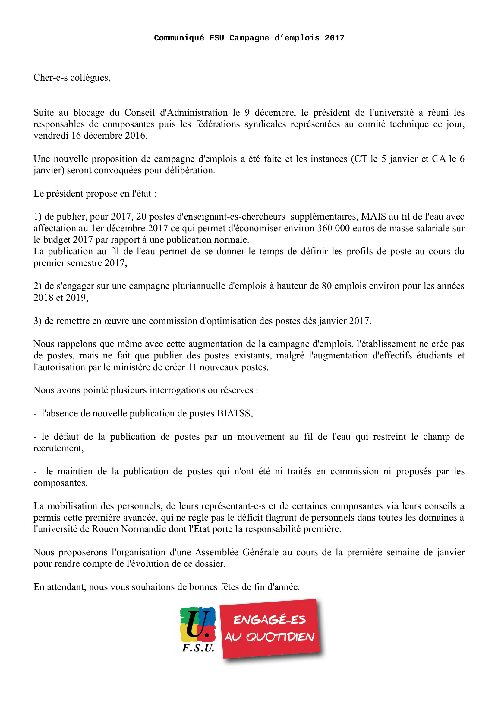 Communiqué FSU | Campagne d’emplois 2017 – FSU université de Rouen